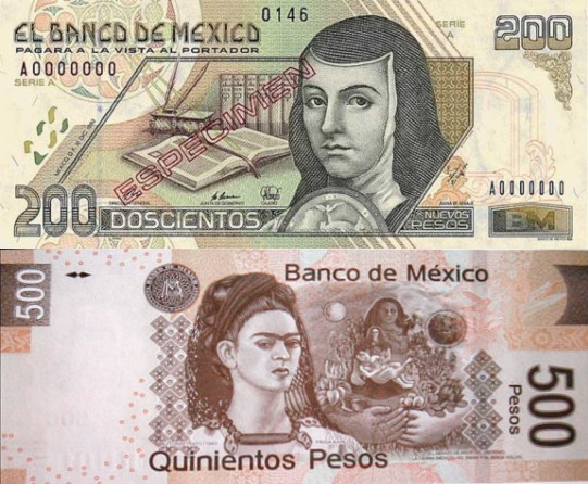 Frida Kahlo and Sor Juana Inés de la Cruz on Mexican currency notes ...
